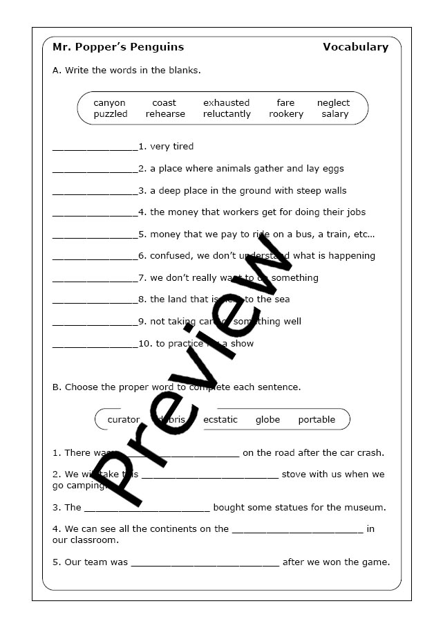 Richard and Florence Atwater "Mr. Popper's Penguins" worksheets | Made ...