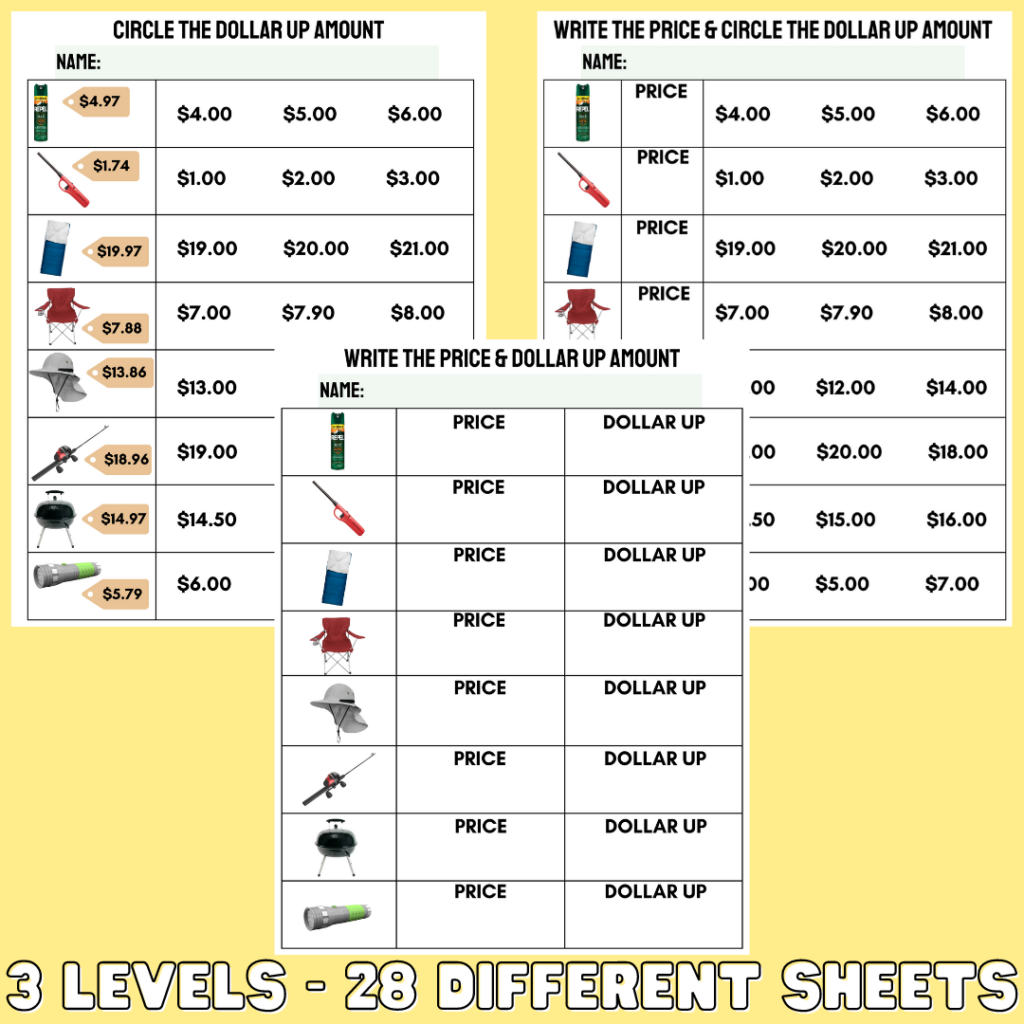 Dollar Up Shopping Worksheets - Camping Store - Life Skills | Made By ...