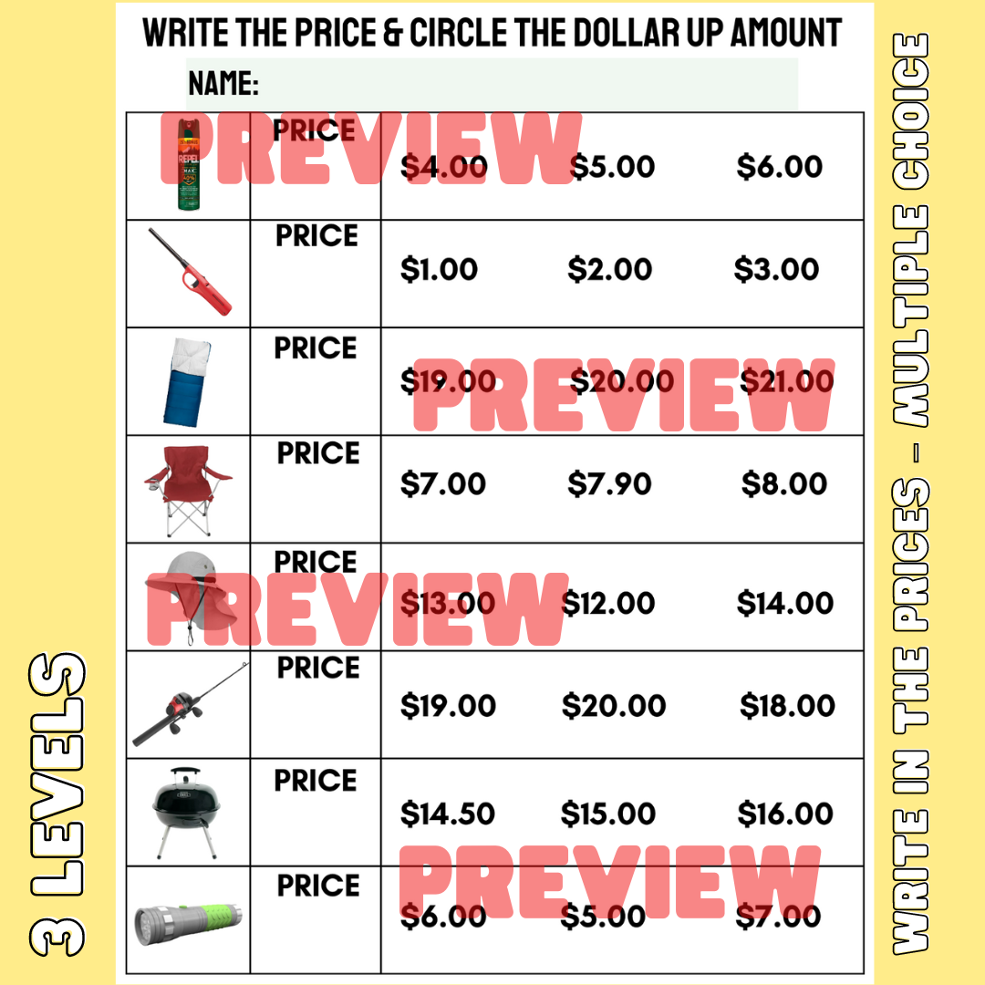 Dollar Up Shopping Worksheets - Camping Store - Life Skills | Made By ...