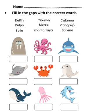Spanish Ocean Animals Flashcards & Worksheets. Vocab & activity games ...