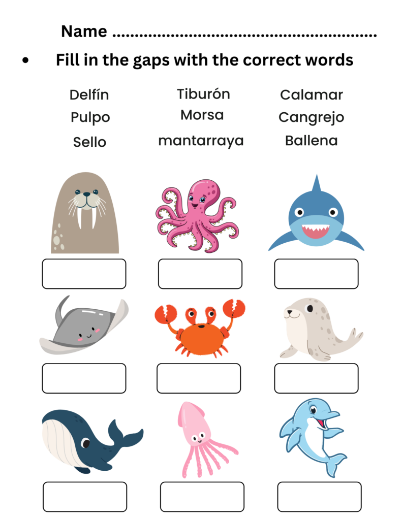 Spanish Ocean Animals Flashcards & Worksheets. Vocab & activity games ...