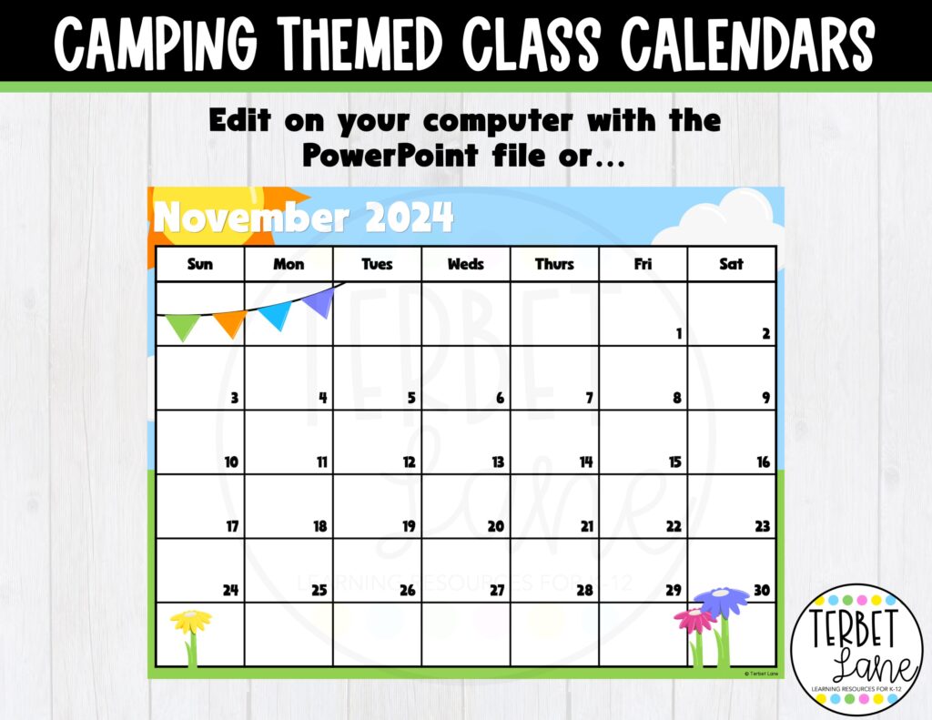 Camping Themed Editable Calendar 2023-2025 | Made By Teachers
