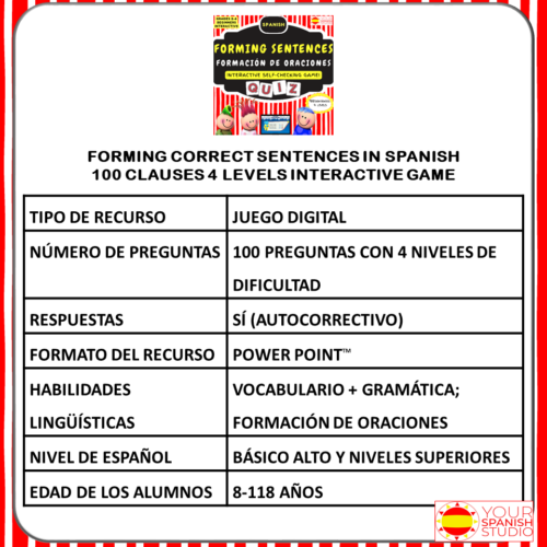 Build correct Spanish sentences Self-checking game no prep 4 levels ...