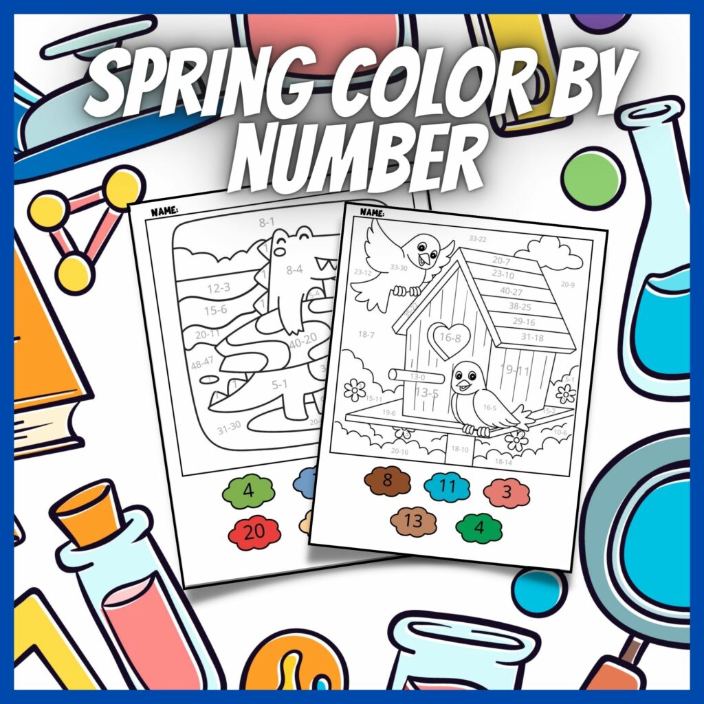 spring addition and subtraction color by number, Spring Math color by ...