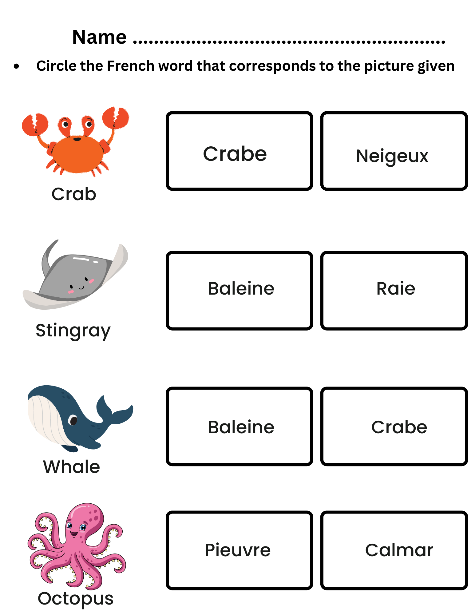 Bilingual English-French Ocean Animals Flashcards & Worksheets ...