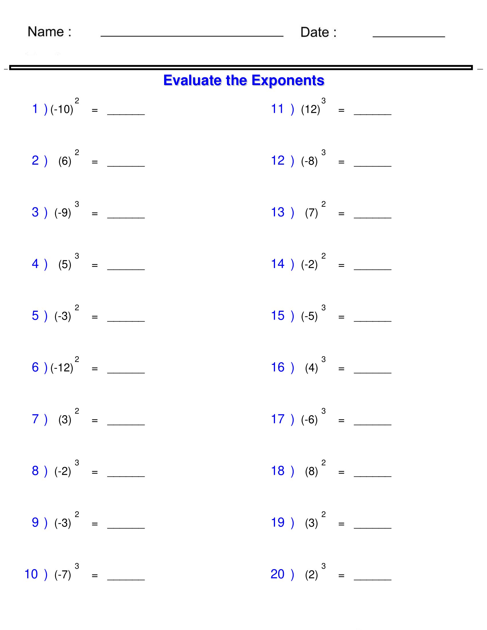 Exponents and Radicals - Integers with Simple Exponents Worksheets ...