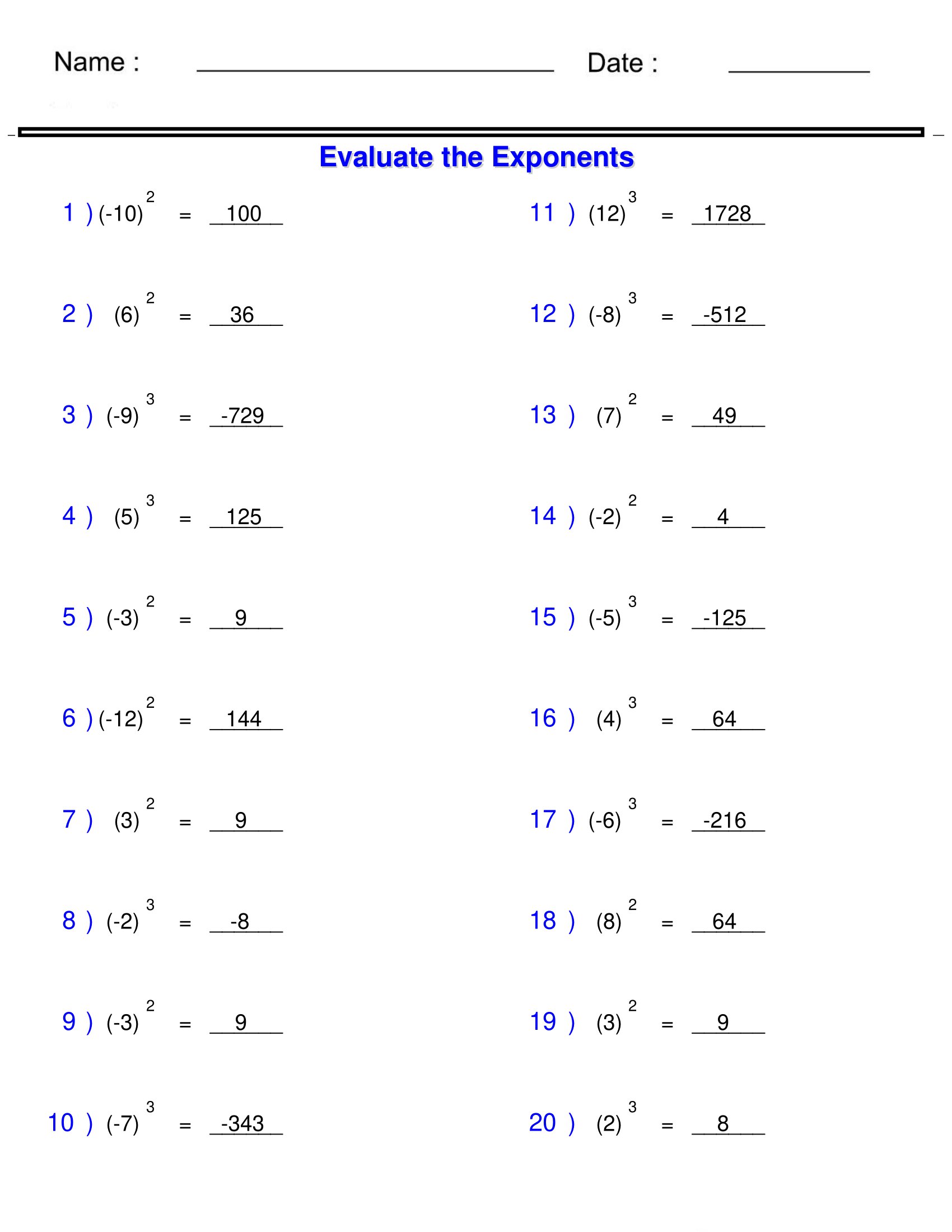 Exponents and Radicals - Integers with Simple Exponents Worksheets ...
