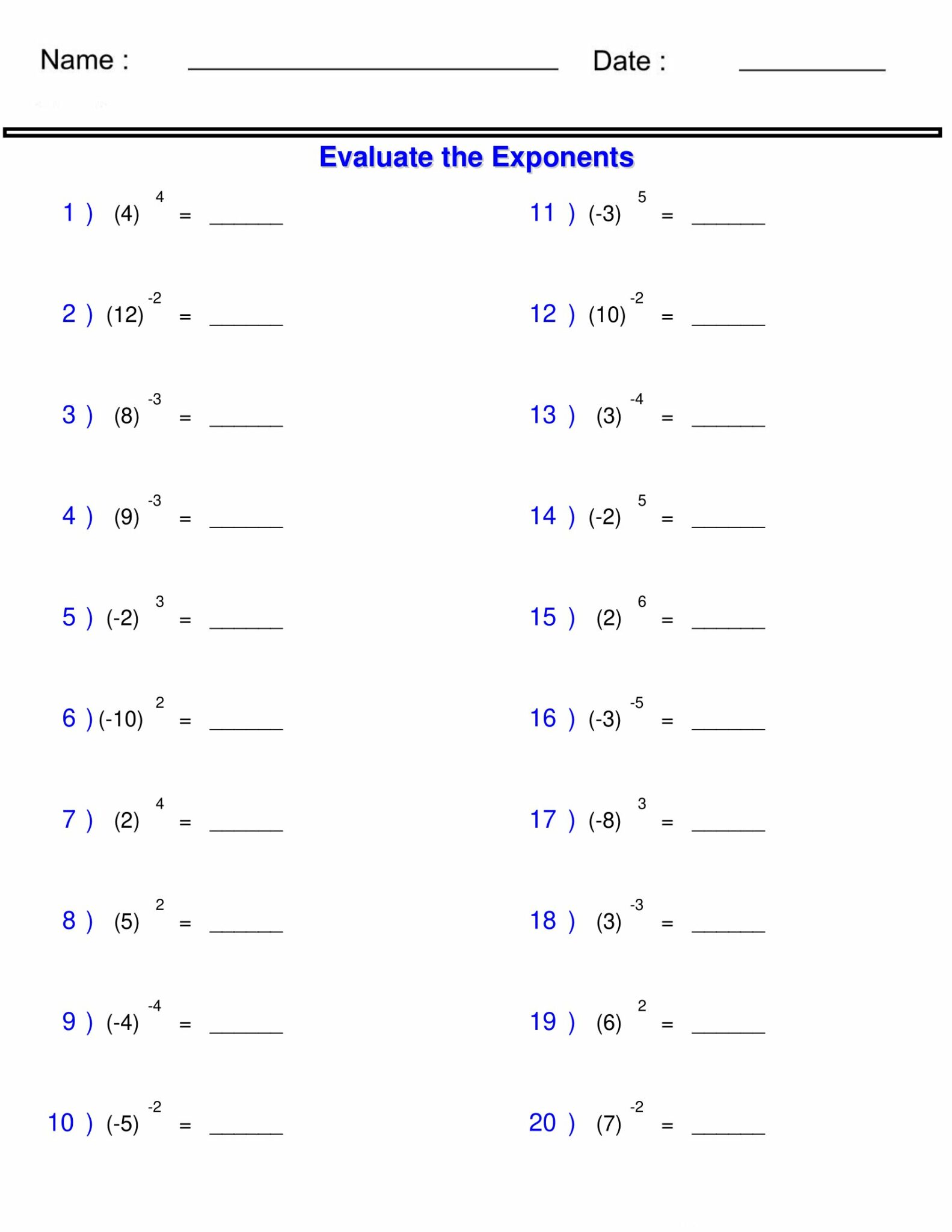 Exponents and Radicals Worksheets - Solving Integers with Exponents ...