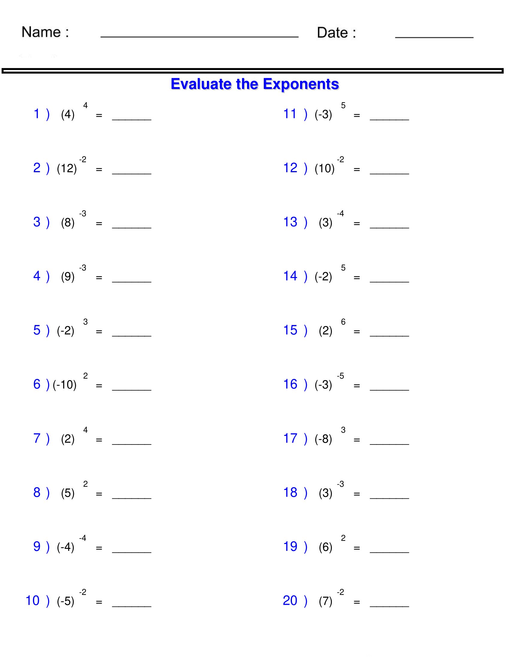 Exponents And Radicals Worksheets Solving Integers With Exponents
