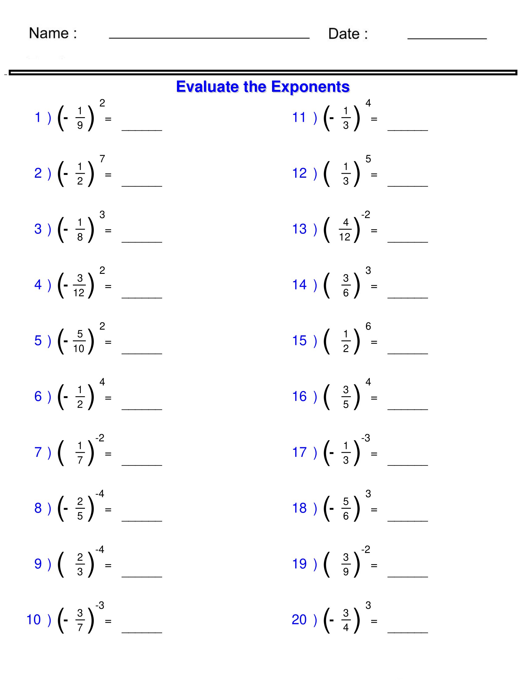 Exponents And Radicals Worksheets Solving Fractions With Exponents