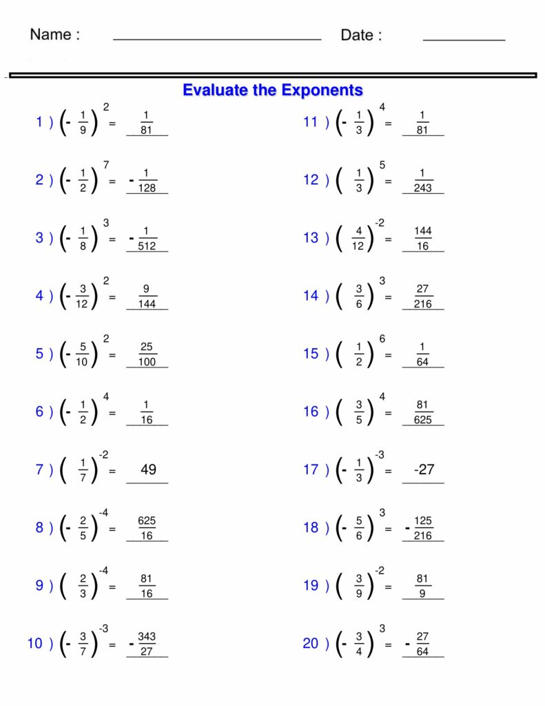 Exponents and Radicals Worksheets Solving Fractions with Exponents ...