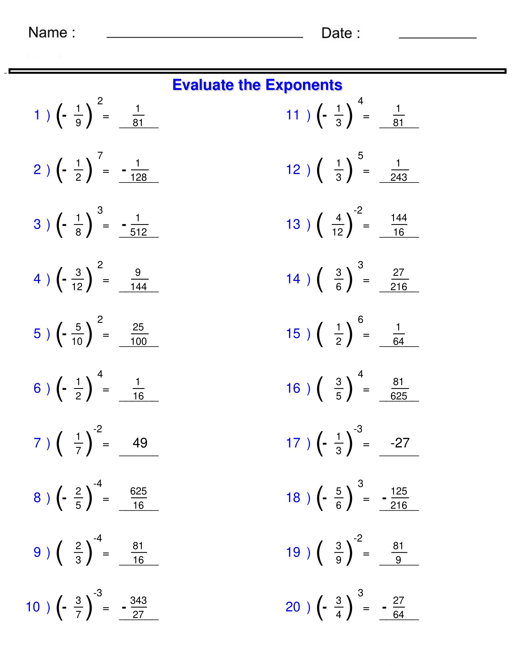 Exponents And Radicals Worksheets Solving Fractions With Exponents 