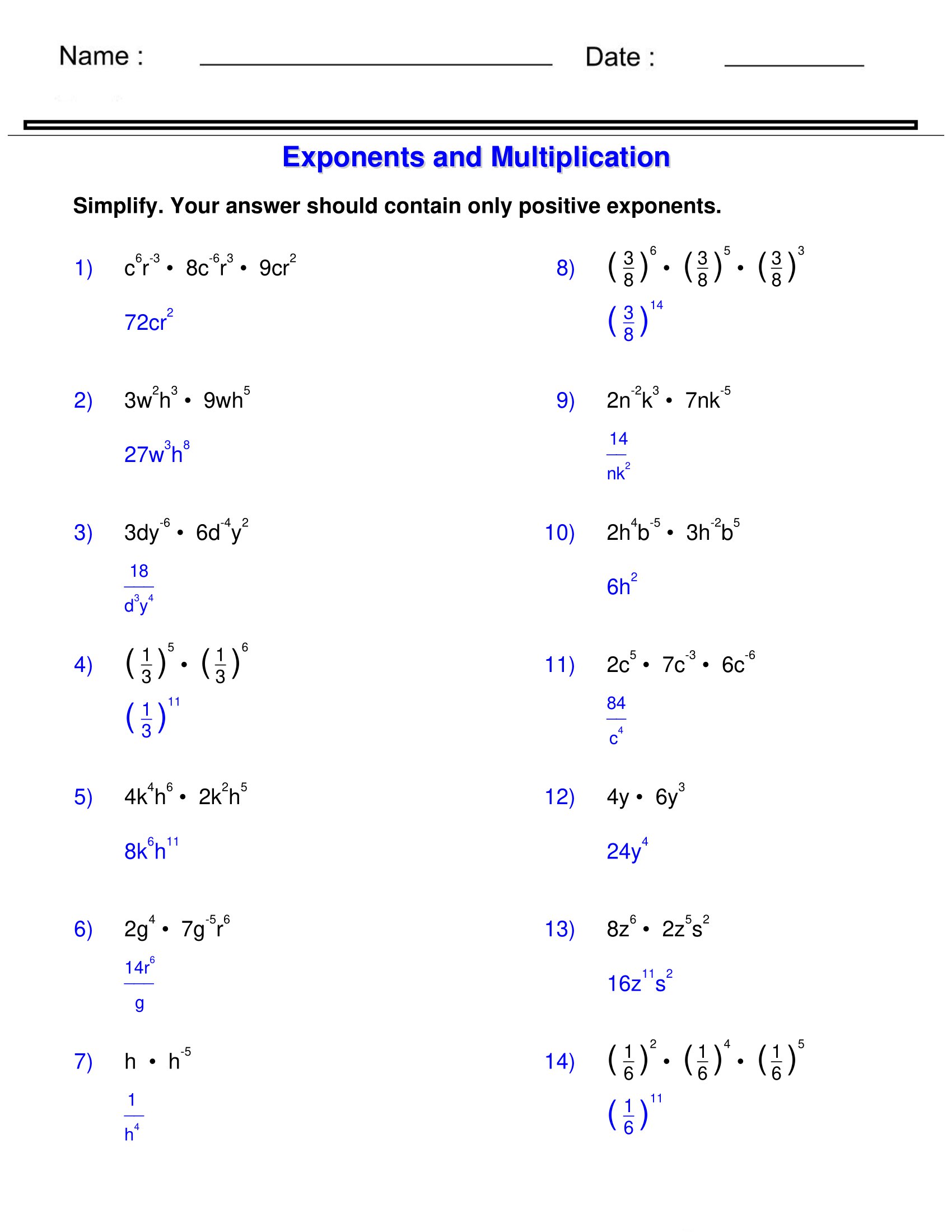 Exponents and Radicals Worksheets Exponents and Multiplication ...