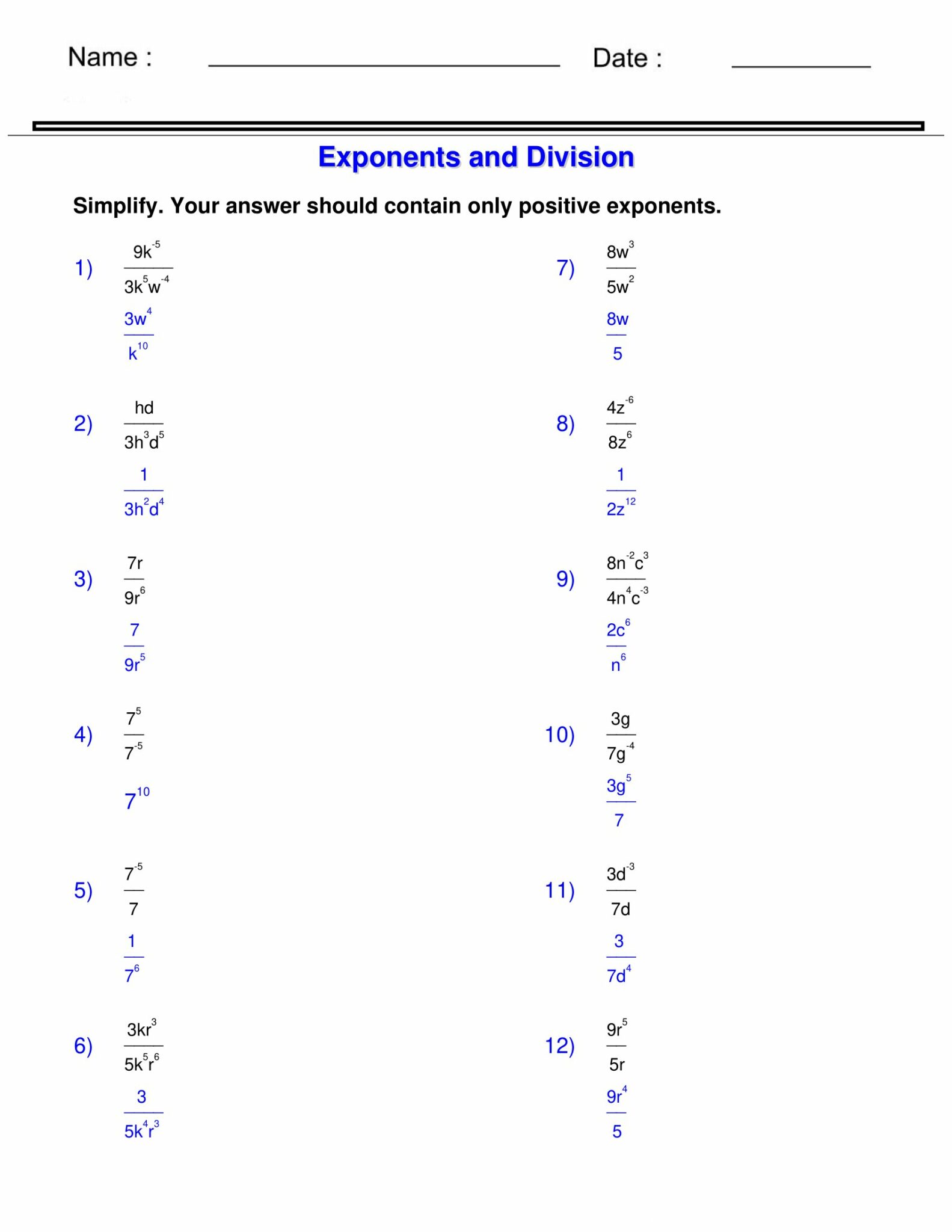 Exponents and Radicals Worksheets Exponents and Division Worksheets ...