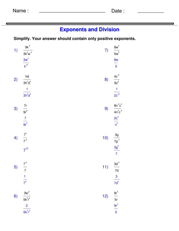 Exponents and Radicals Worksheets Exponents and Division Worksheets ...