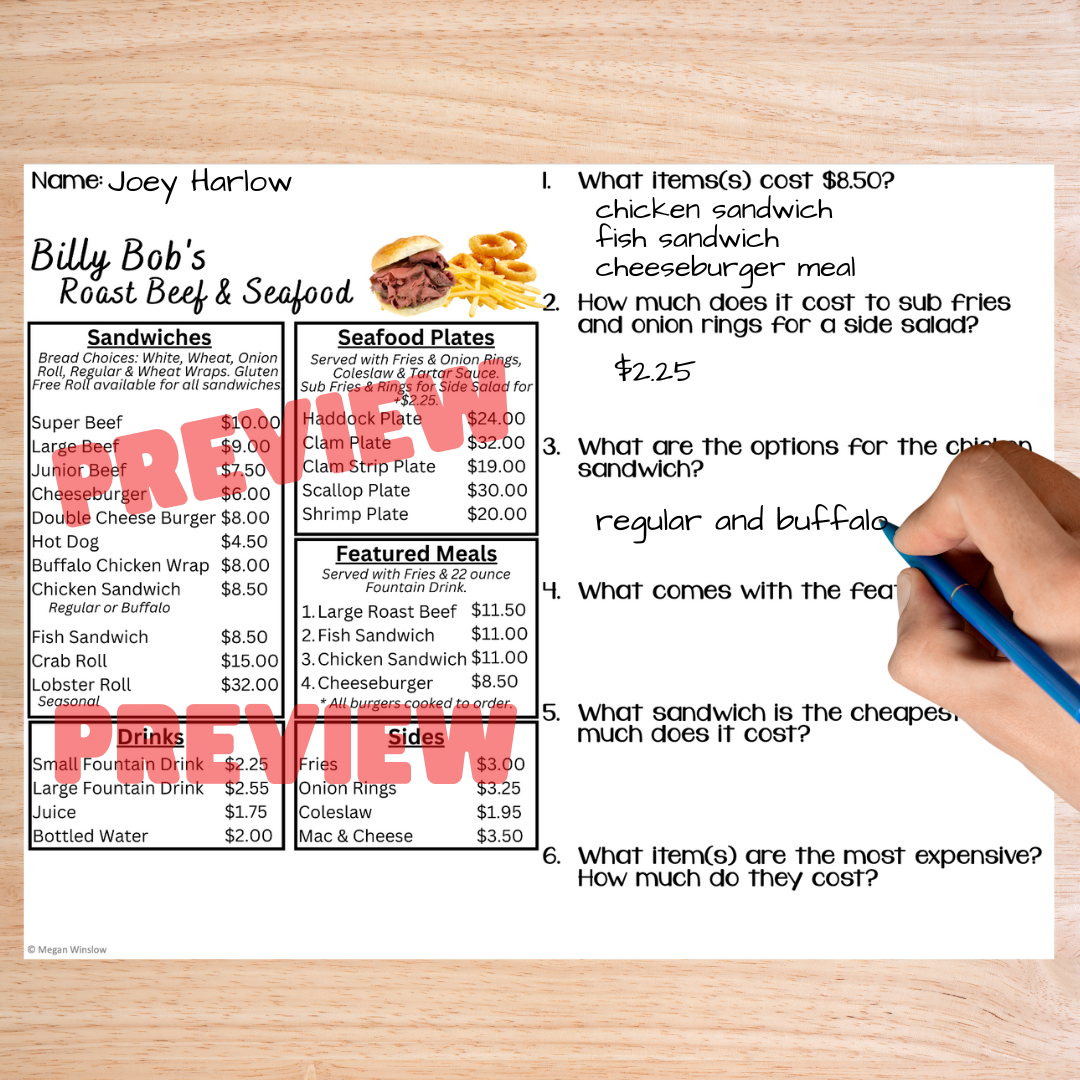 Understanding Menus Unit 2 - Reading Menus & Menu Math - Life Skills ...