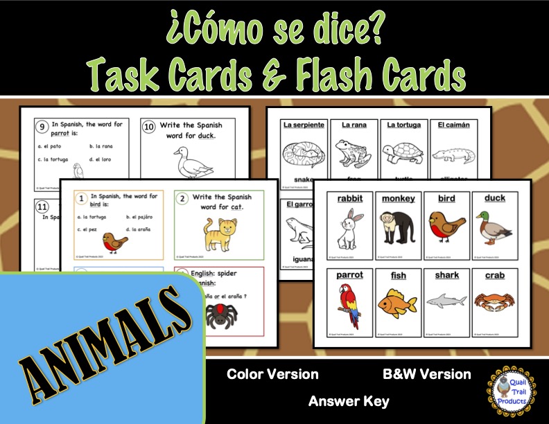 Spanish Flash Cards and Task Cards - Animals | Made By Teachers