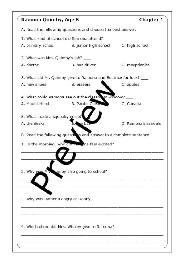 Beverly Cleary "Ramona Quimby, Age 8" worksheets | Made By Teachers