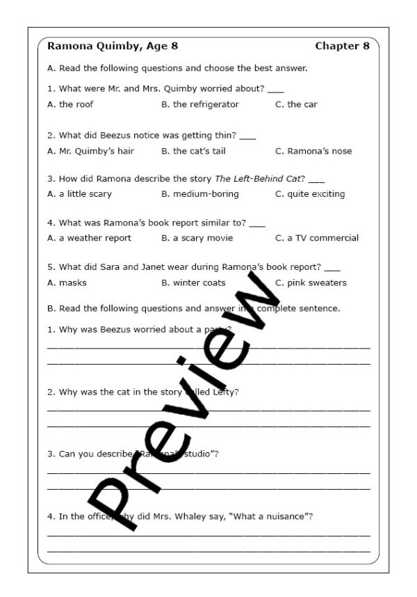 Beverly Cleary "Ramona Quimby, Age 8" worksheets | Made By Teachers