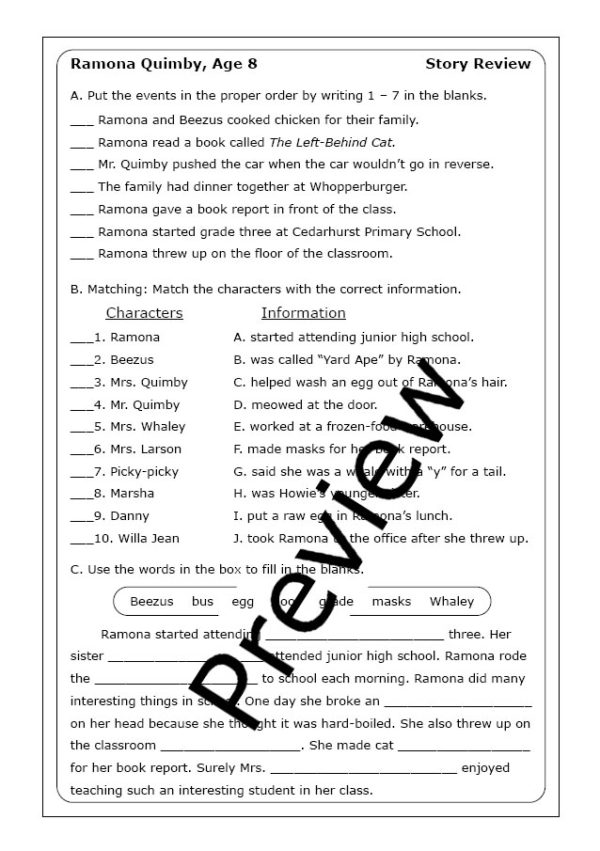 Beverly Cleary "Ramona Quimby, Age 8" worksheets | Made By Teachers