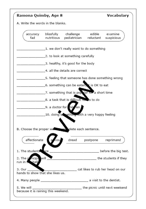 Beverly Cleary "Ramona Quimby, Age 8" worksheets | Made By Teachers
