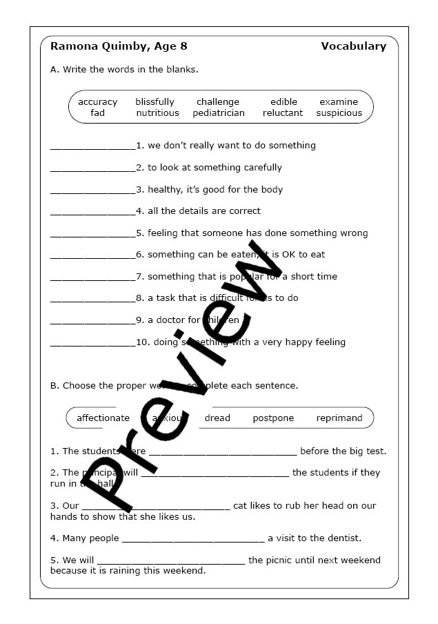 Beverly Cleary "Ramona Quimby, Age 8" worksheets | Made By Teachers