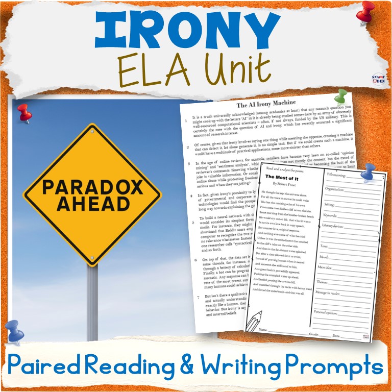 Irony Unit - Middle School Paired Reading, Writing Worksheets, Print ...