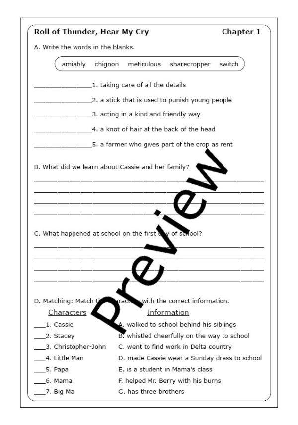 Mildred Taylor "Roll of Thunder, Hear My Cry" worksheets | Made By Teachers