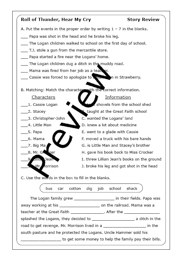 Mildred Taylor "Roll of Thunder, Hear My Cry" worksheets | Made By Teachers