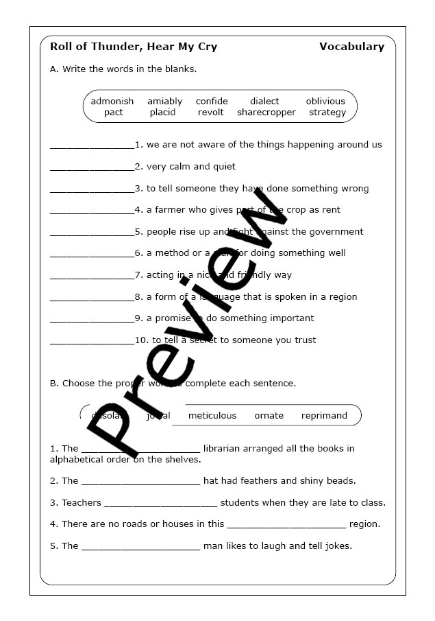 Mildred Taylor "Roll of Thunder, Hear My Cry" worksheets | Made By Teachers