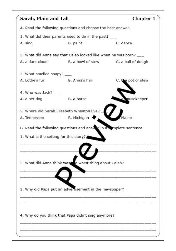 Patricia MacLachlan "Sarah, Plain and Tall" worksheets | Made By Teachers
