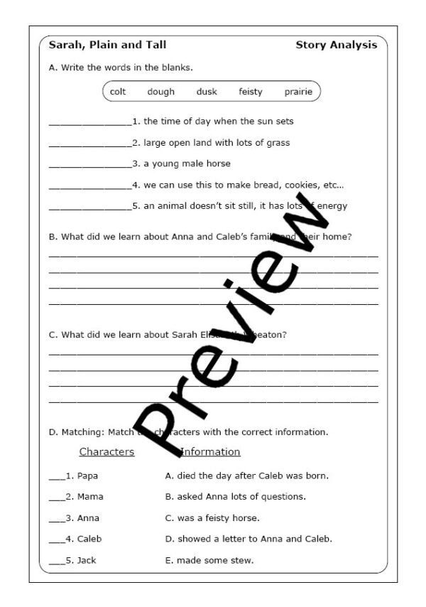 Patricia MacLachlan "Sarah, Plain and Tall" worksheets | Made By Teachers