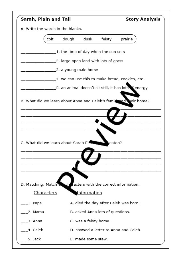 Patricia MacLachlan "Sarah, Plain and Tall" worksheets | Made By Teachers