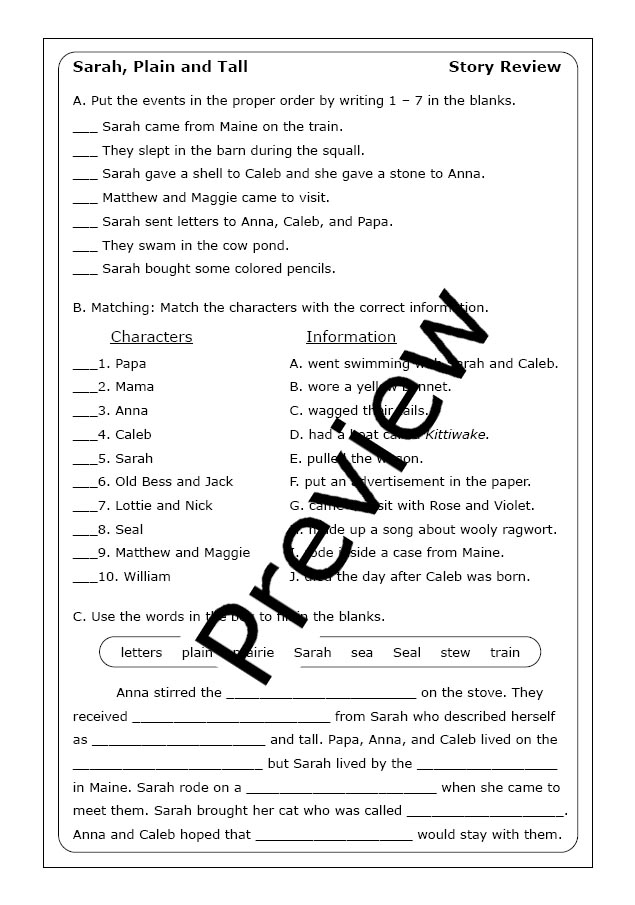 Patricia MacLachlan "Sarah, Plain and Tall" worksheets | Made By Teachers