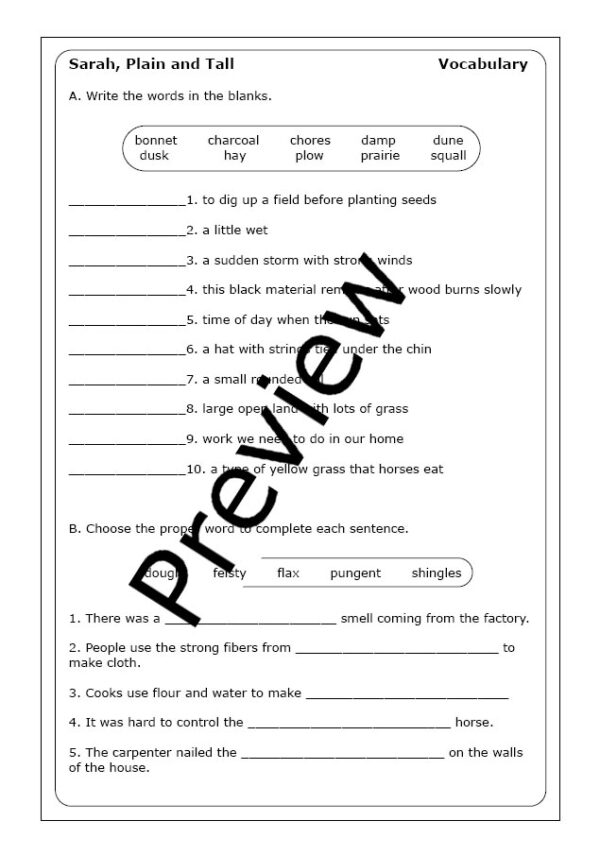 Patricia MacLachlan "Sarah, Plain and Tall" worksheets | Made By Teachers