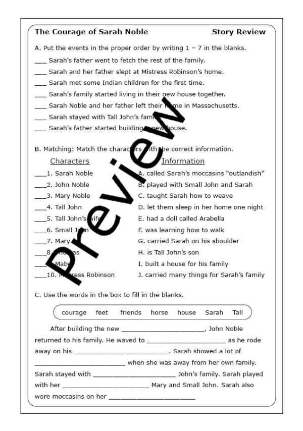 Alice Dalgliesh "The Courage of Sarah Noble" worksheets | Made By Teachers