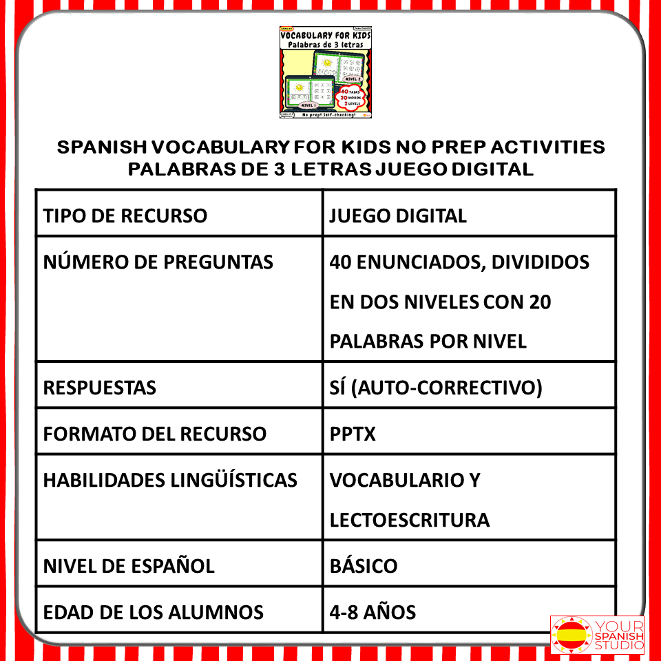 Spanish vocabulary for kids No prep Evergreen activity Palabras de 3 ...