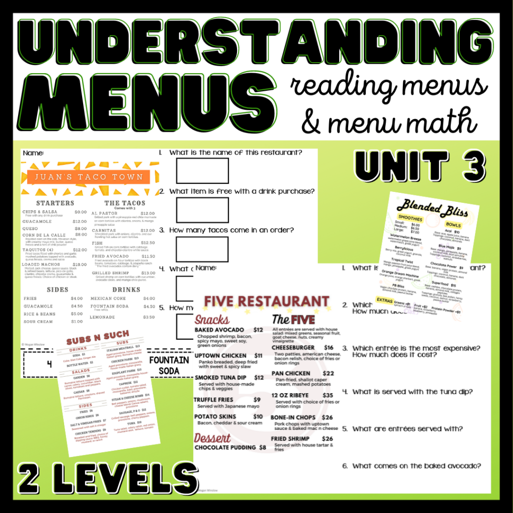Understanding Menus Unit 3 Reading Menus And Menu Math Life Skills Made By Teachers