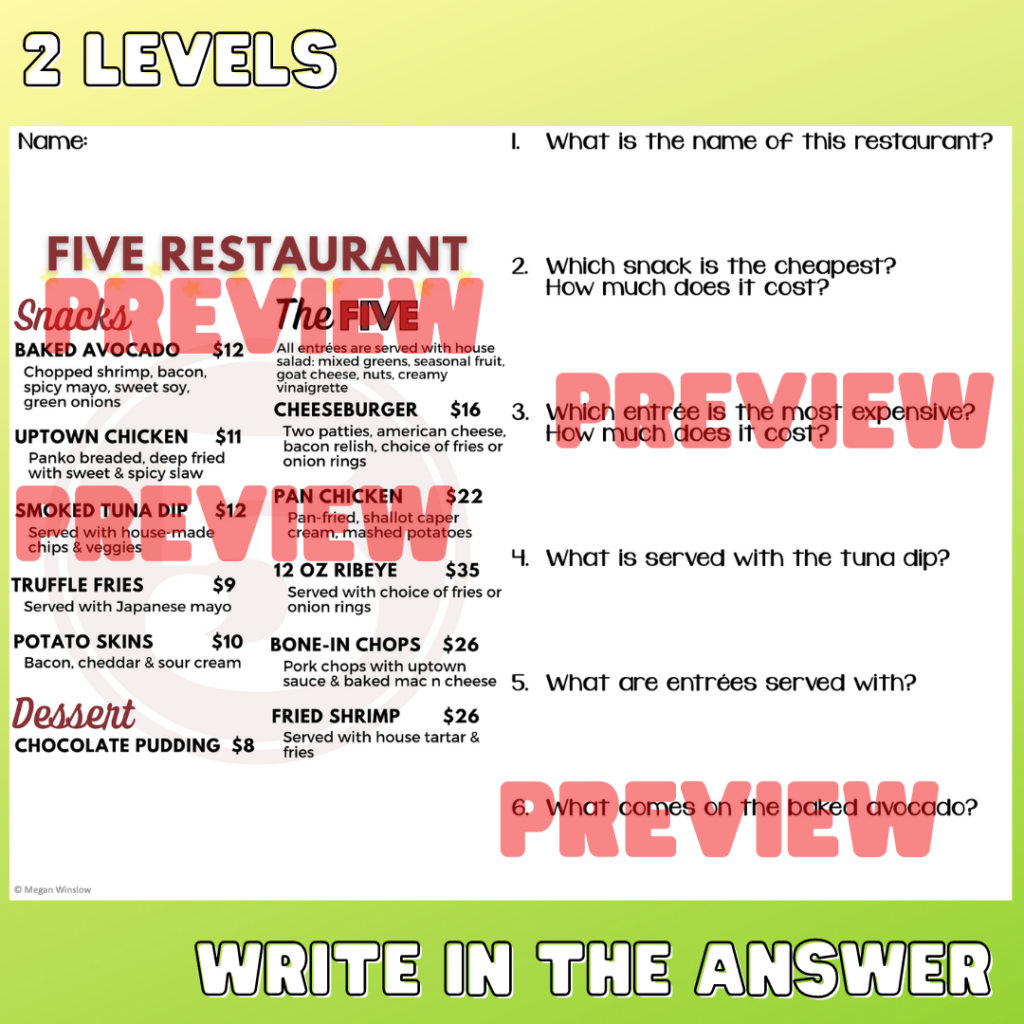 Understanding Menus Unit 3 - Reading Menus & Menu Math - Life Skills ...