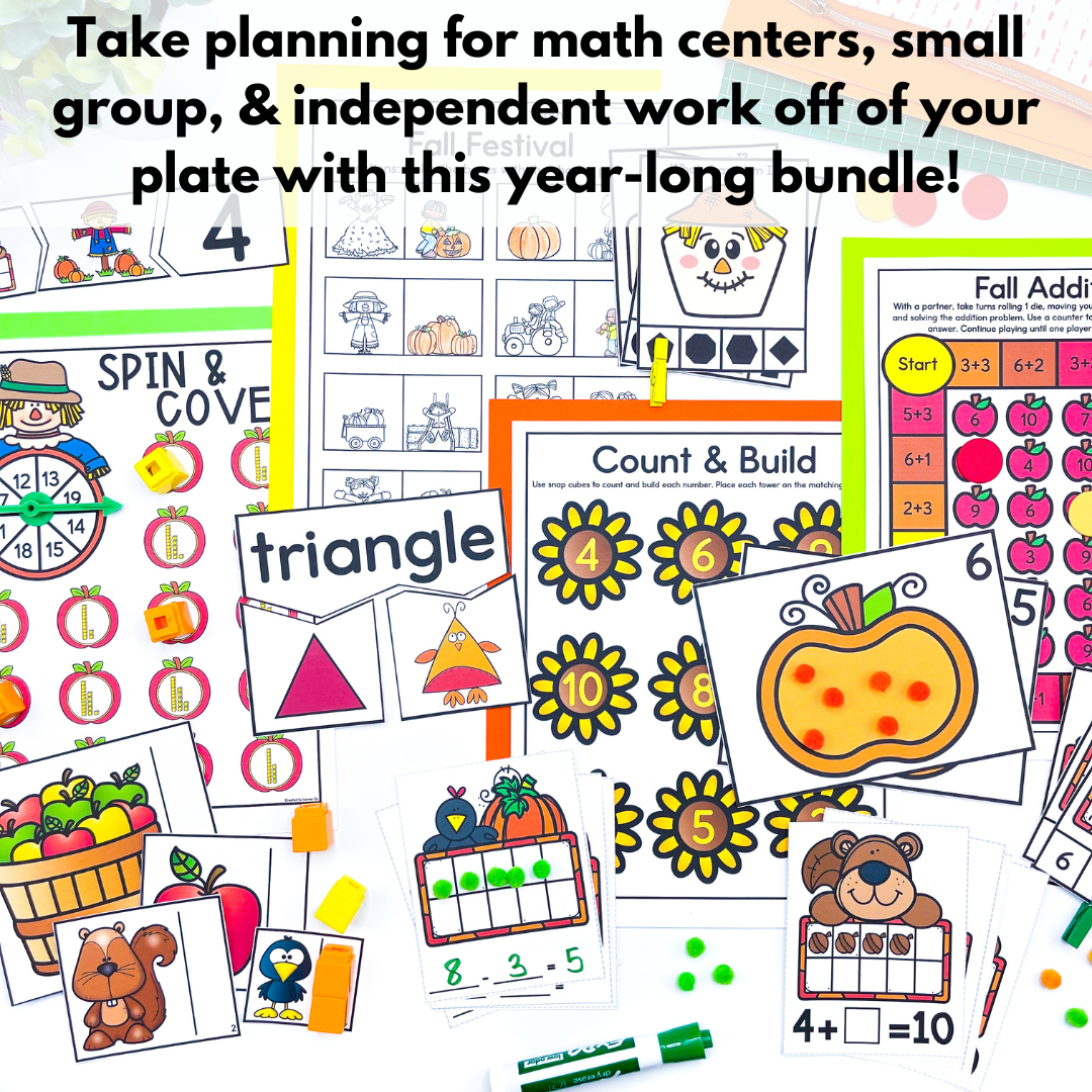 Kindergarten Math Centers - Math Curriculum Year Long Seasonal Centers ...