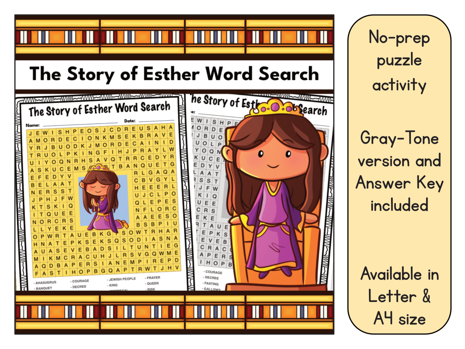 The Story of Esther Word Search Bible Puzzle Activity Worksheet | Made ...