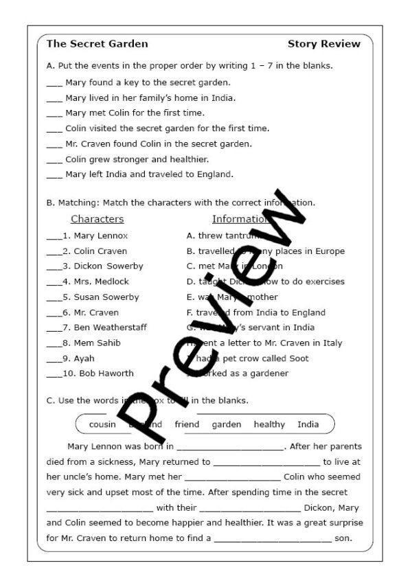 Frances Burnett Hodgson "The Secret Garden" worksheets - Made By Teachers