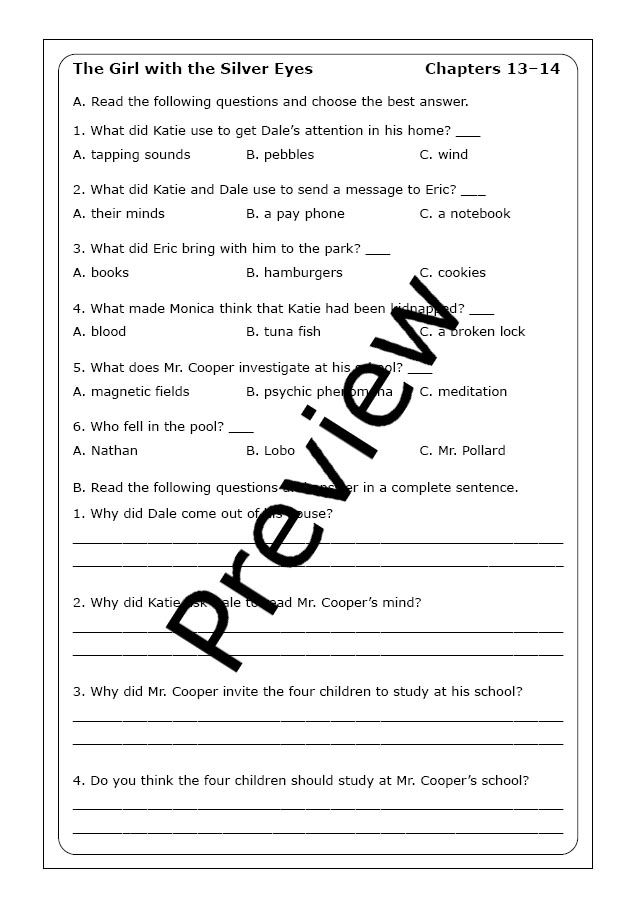 Willo Davis Roberts "The Girl with the Silver Eyes" worksheets | Made ...