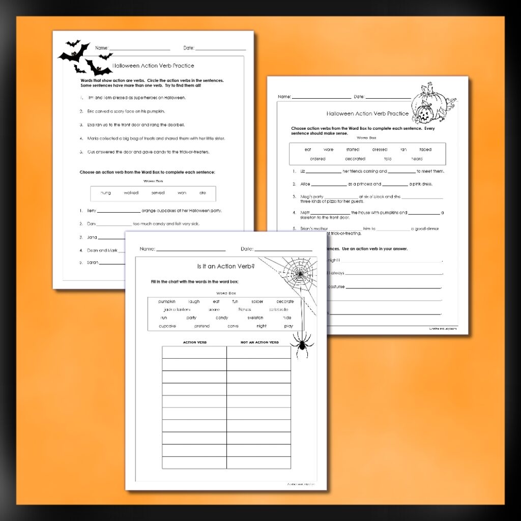 Action Verbs Practice - 3 Halloween themed Worksheets - Grades 2-3 ...
