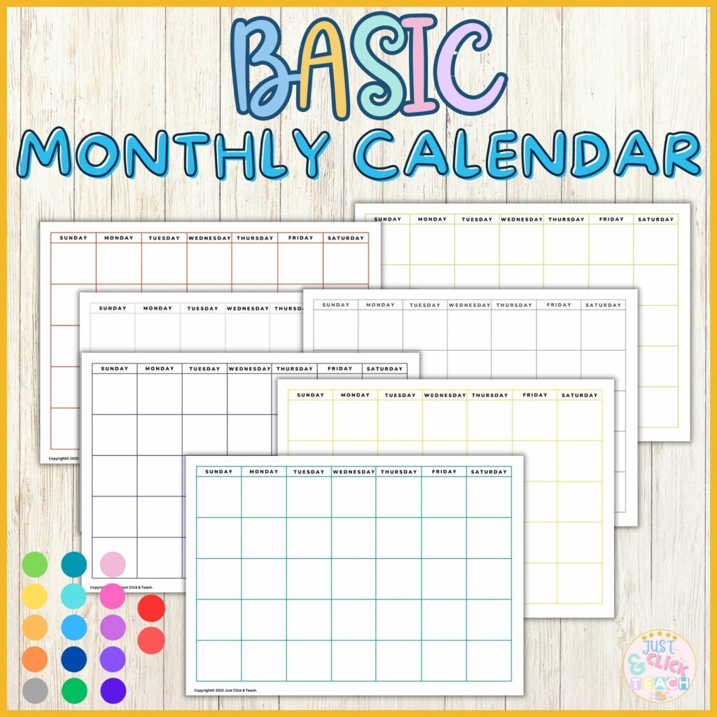 Monthly Colored calendars- sunday begins size A3 | Made By Teachers