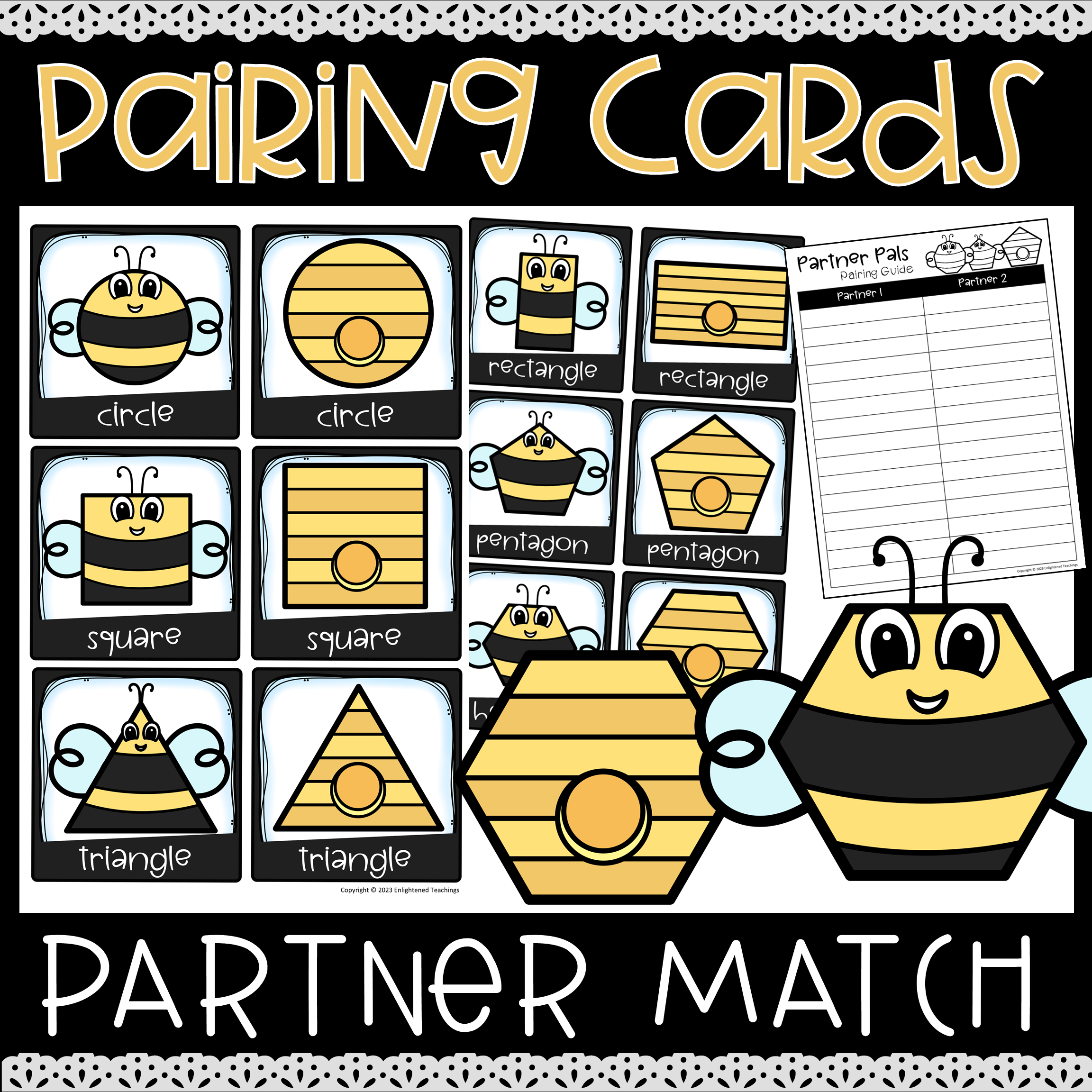 Student Pairing Cards | Partner Cards - Bee and beehive 2D Shape Match ...