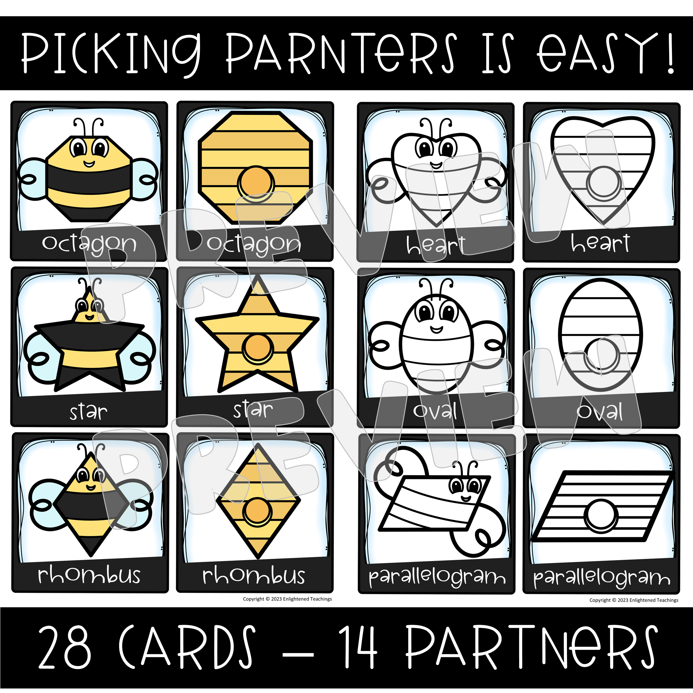 Student Pairing Cards | Partner Cards - Bee and beehive 2D Shape Match ...