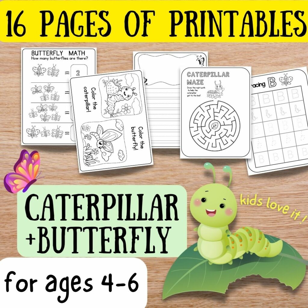 16 pages of caterpillar and butterfly themed printables,math english ...