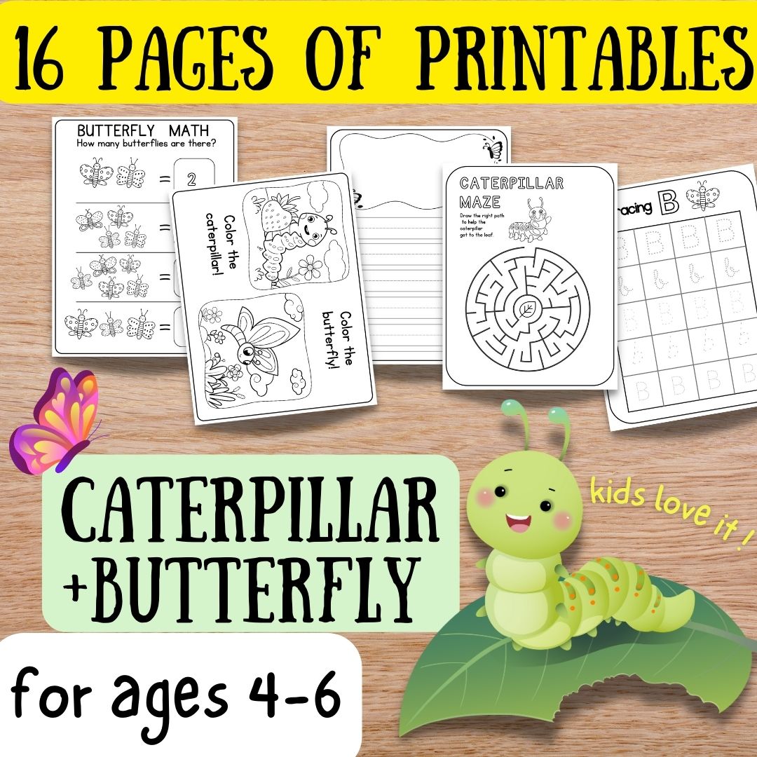 16 pages of caterpillar and butterfly themed printables,math english ...