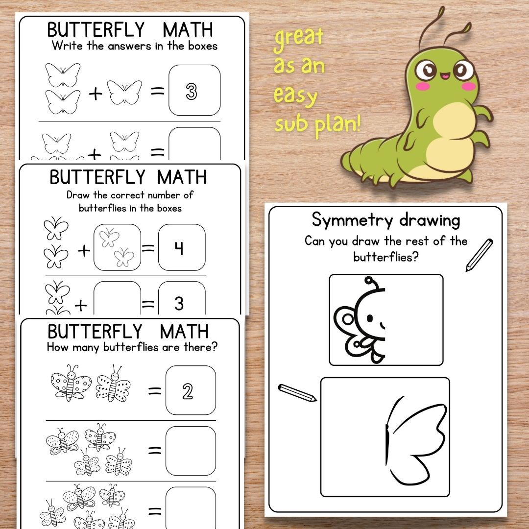 16 pages of caterpillar and butterfly themed printables,math english ...